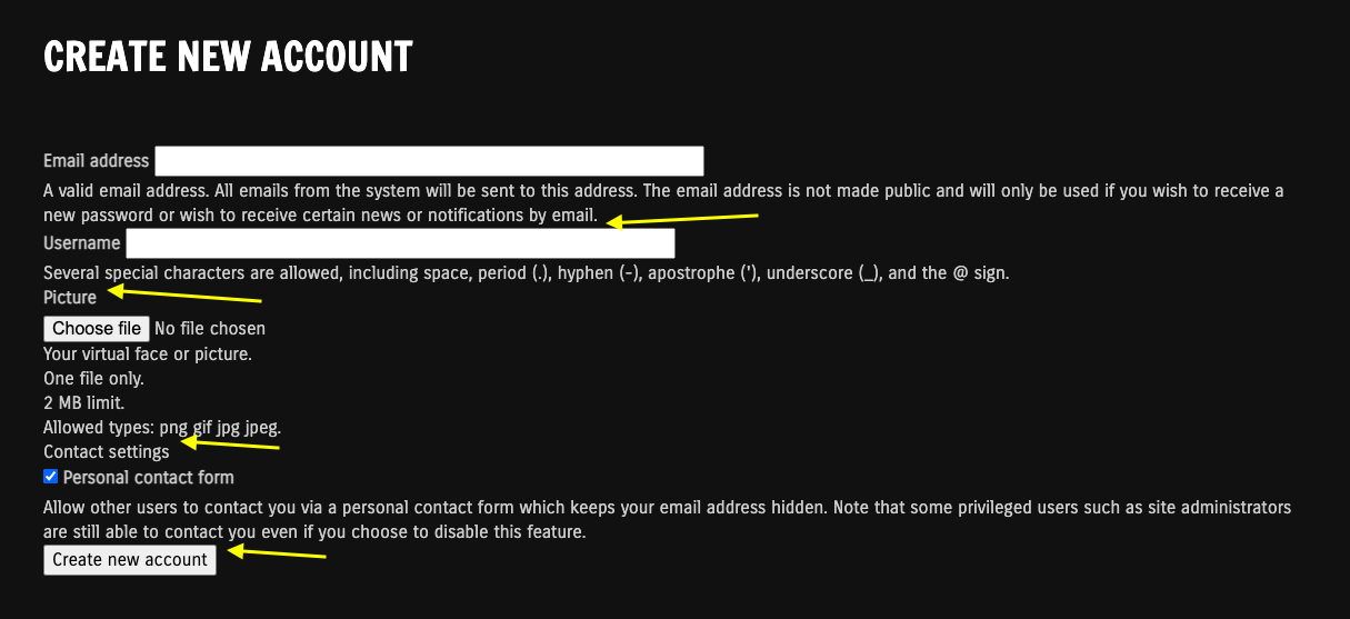 On User Register page, Username, Picture, Contact settings and Create new Account button need ...